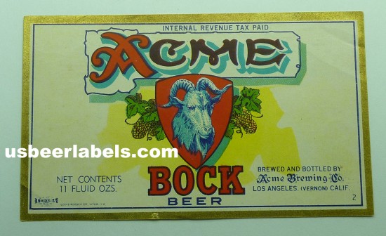 Acme Bock Beer Label, Los Angeles, CA