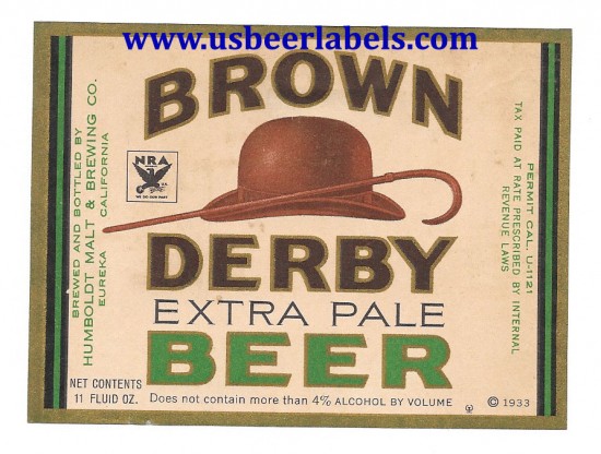 Brown Derby Extra Pale Beer Label, Eureka, CA