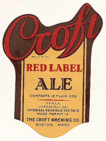 Croft Red Label Ale Beer Label, Boston, MA