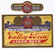 Valley Brew Lager Beer Label, Stockton, CA